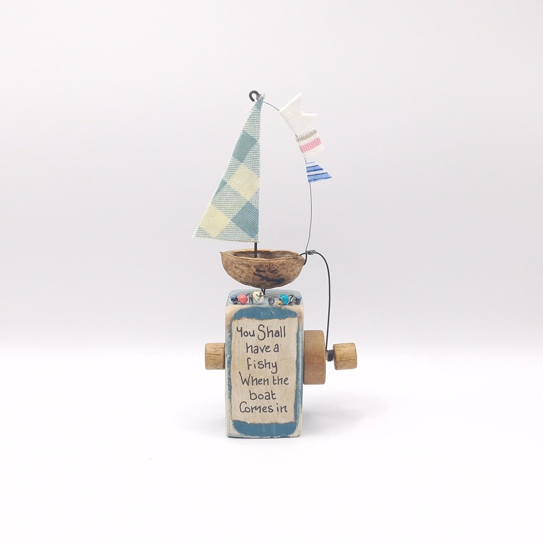 Whimsical Handcrafted Automaton With Moving Walnut Shell Boat. Recycled ...