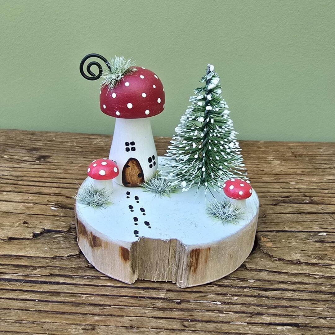 Whimsical Handmade Wooden Toadstool House on Log Slice - Unique ...