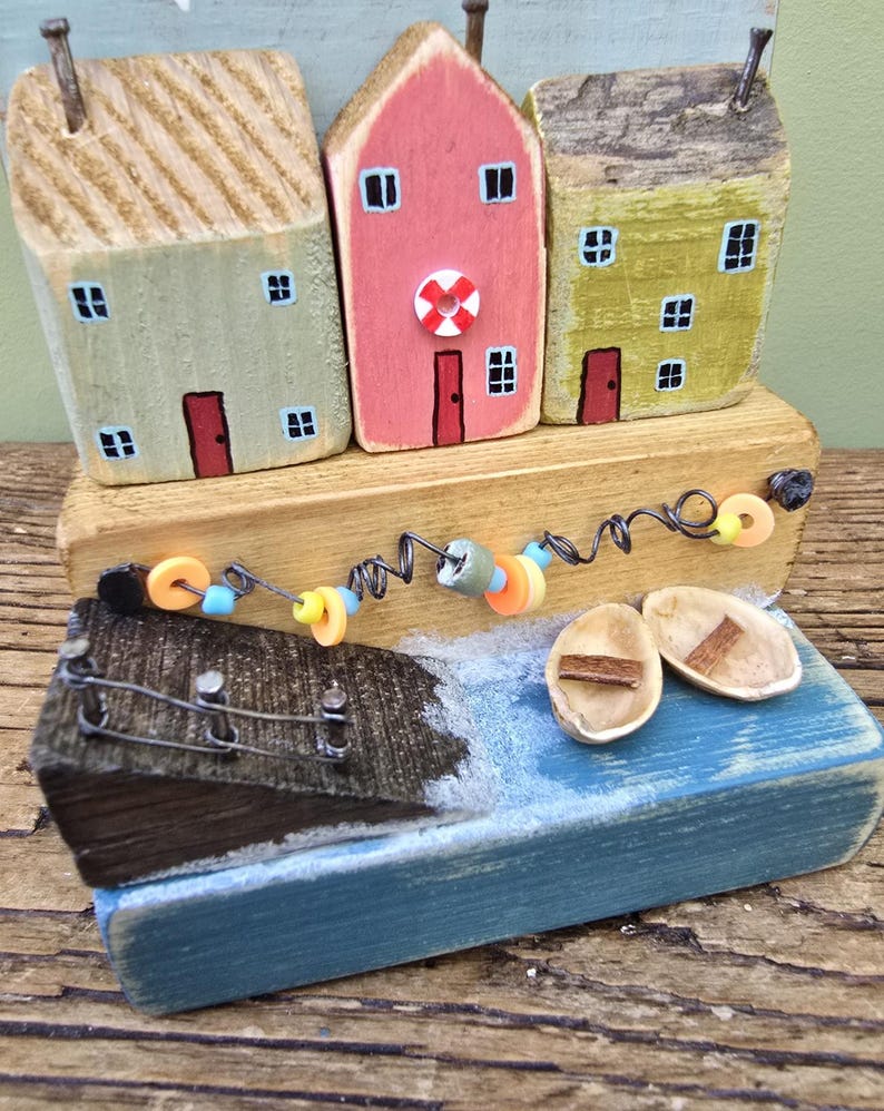 Miniature Harbour Scene With Seaside Houses and Boats. Handmade Wooden ...