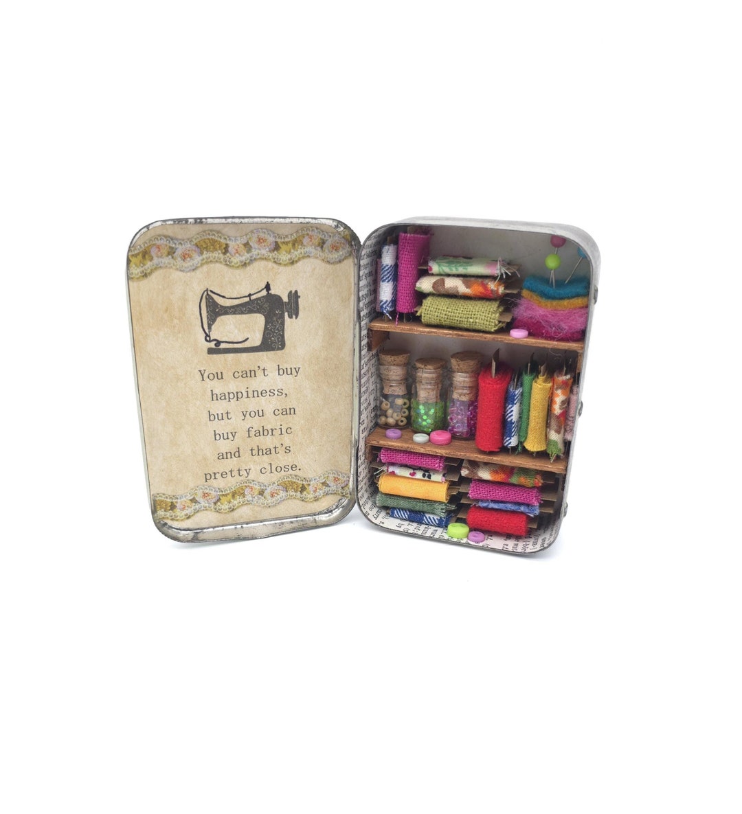 Miniature Sewing Room Scene in a Vintage Tin. Unique Handmade Sewing ...