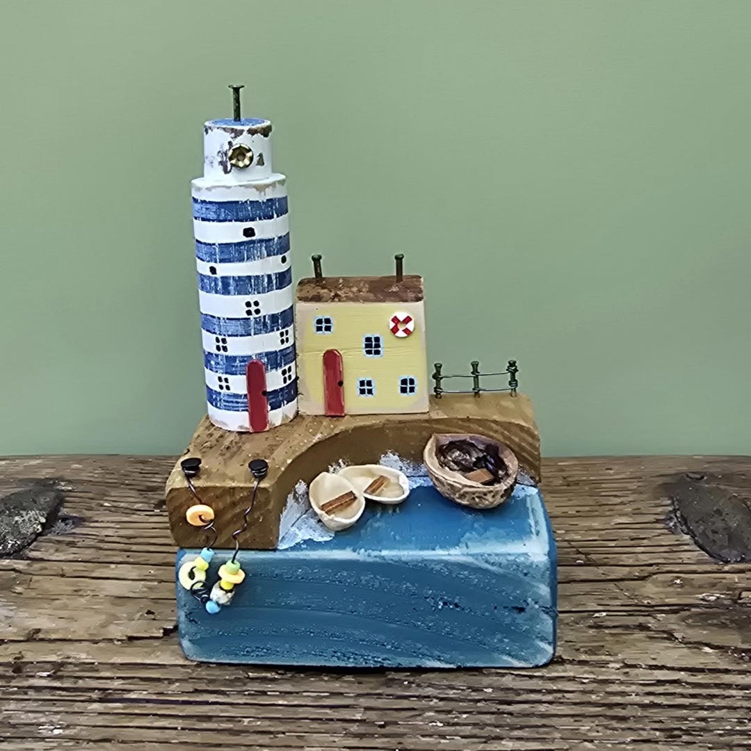 Wooden Harbour Model With Lighthouse and Boats. Little Wooden Seaside ...