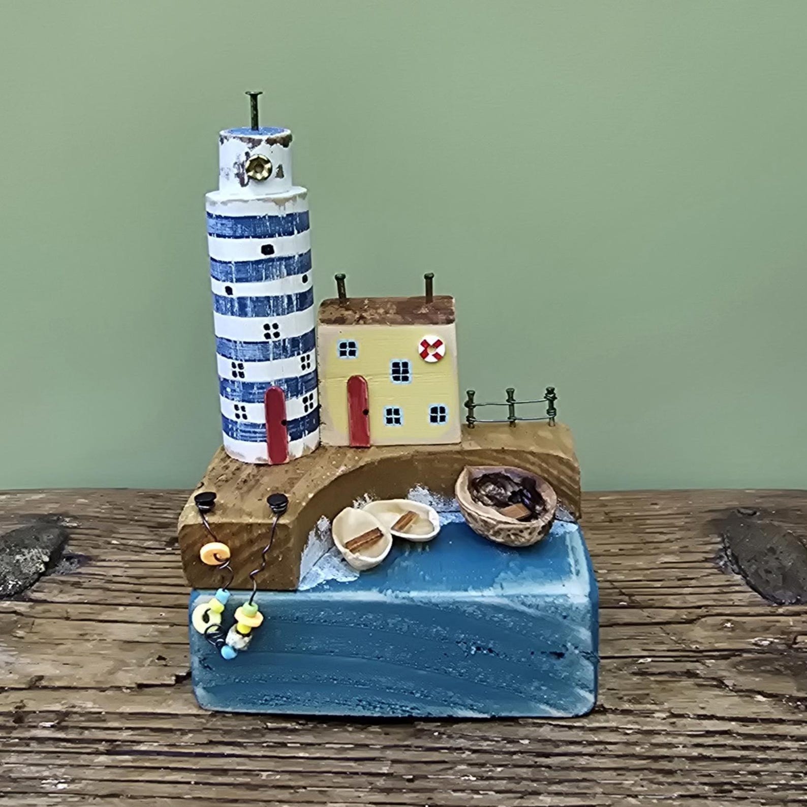 Wooden Harbour Model With Lighthouse and Boats. Little Wooden Seaside ...