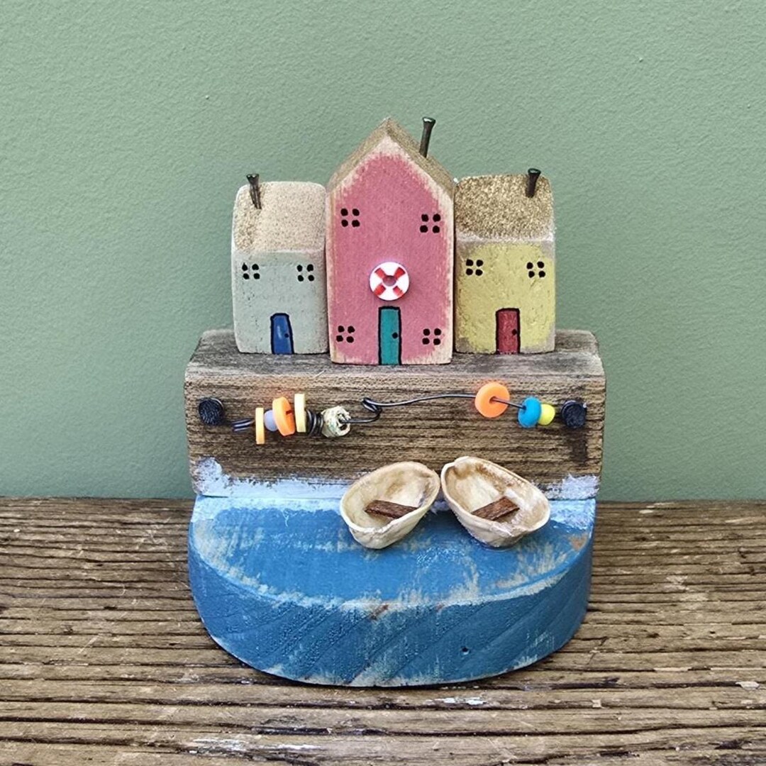 Miniature Harbour Scene With Fishing Cottages and Boats. Handmade ...