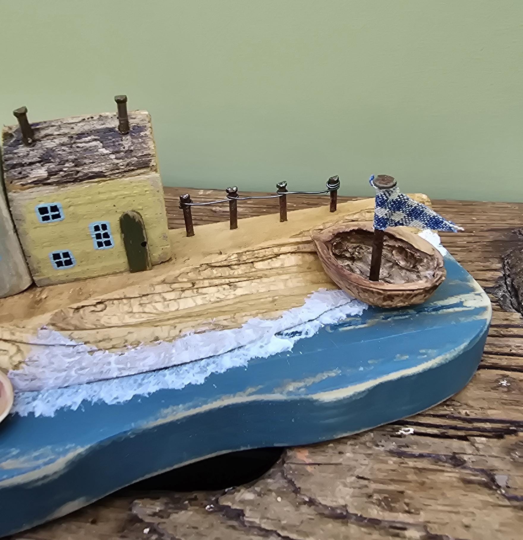Wooden Harbour Model With Lighthouse and Boats. Little Wooden Seaside ...