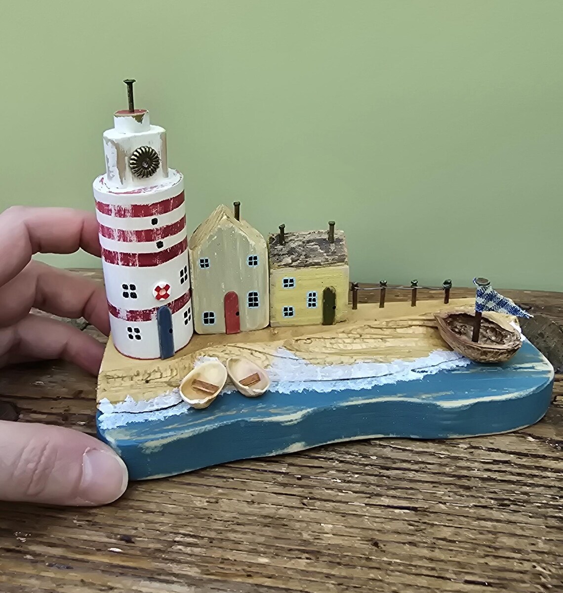 Wooden Harbour Model With Lighthouse and Boats. Little Wooden Seaside ...