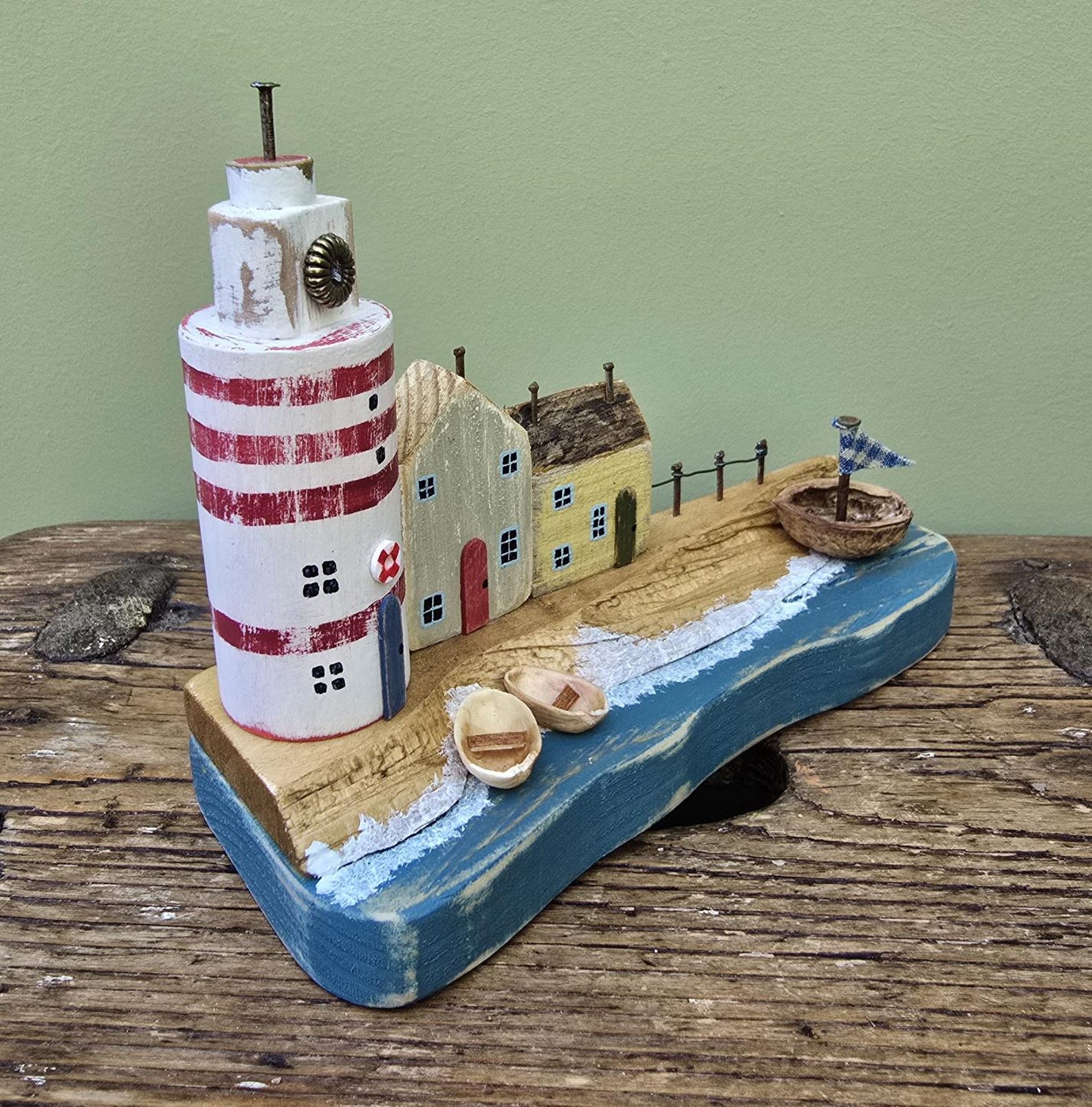 Wooden Harbour Model With Lighthouse and Boats. Little Wooden Seaside ...
