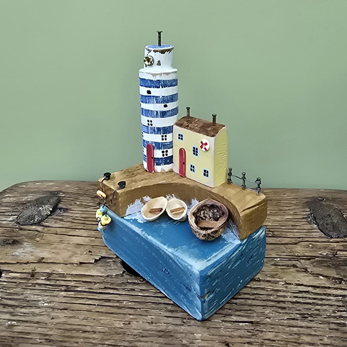 Wooden Harbour Model With Lighthouse and Boats. Little Wooden Seaside ...