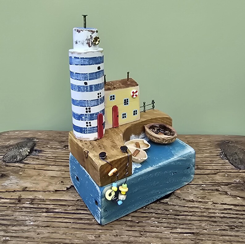 Wooden Harbour Model With Lighthouse and Boats. Little Wooden Seaside ...