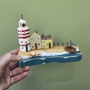 Wooden Harbour Model With Lighthouse and Boats. Little Wooden Seaside ...