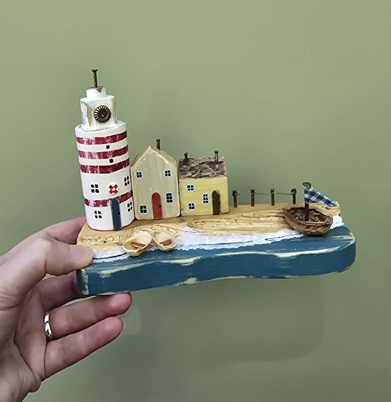 Wooden Harbour Model With Lighthouse and Boats. Little Wooden Seaside ...