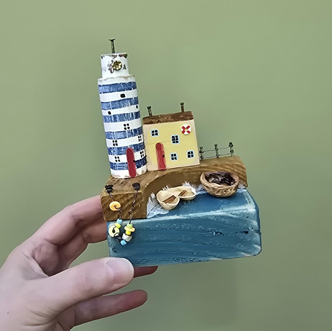 Wooden Harbour Model With Lighthouse and Boats. Little Wooden Seaside ...