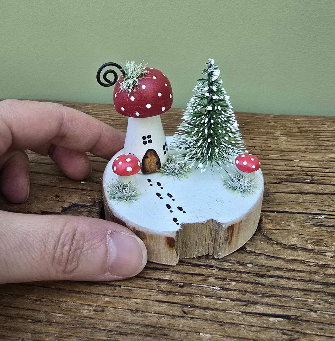 Whimsical Handmade Wooden Toadstool House on Log Slice - Unique ...