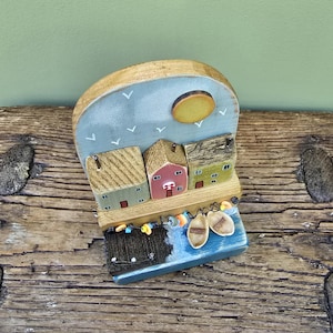 Miniature Harbour Scene With Seaside Houses and Boats. Handmade Wooden ...