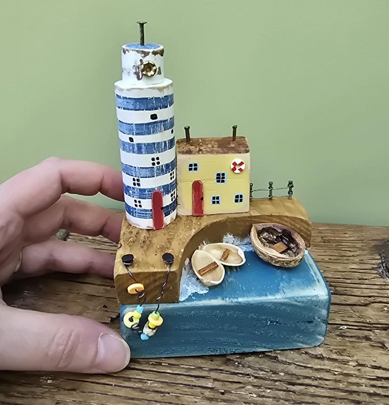 Wooden Harbour Model With Lighthouse and Boats. Little Wooden Seaside ...