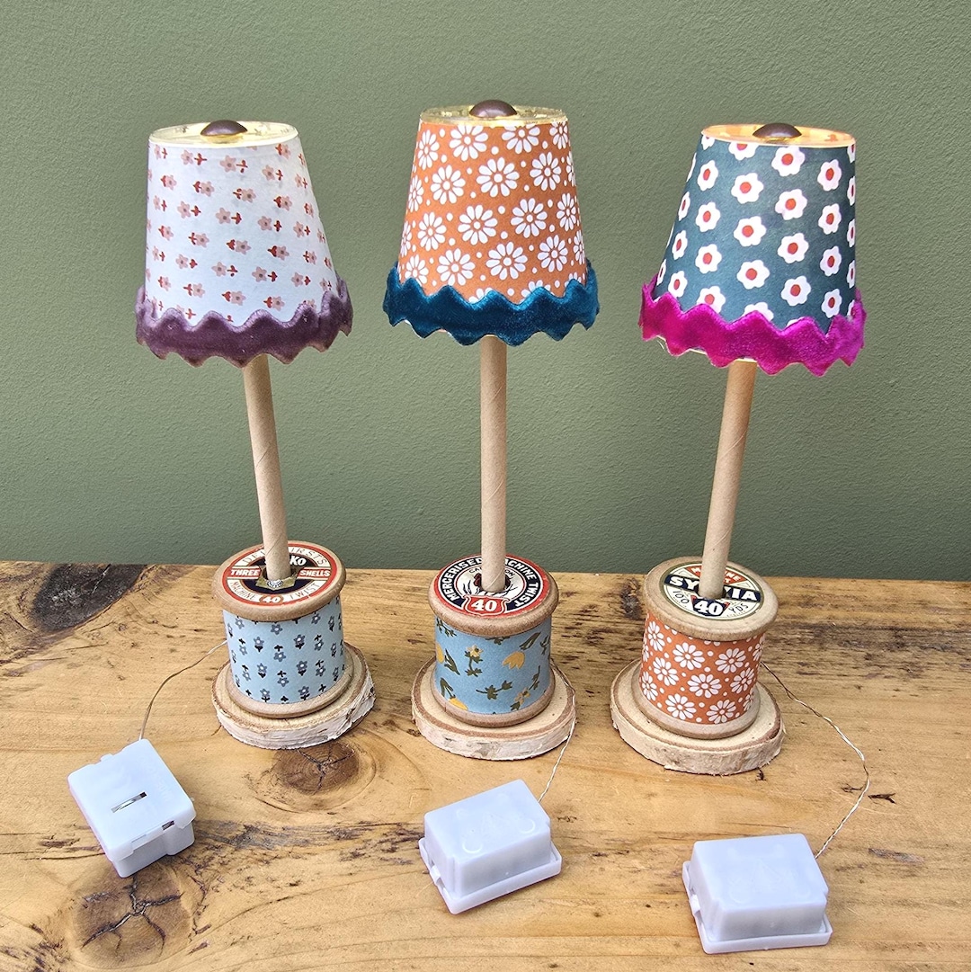 Handmade Miniature Table Lamp With Vintage Wooden Bobbin Base, Fairy ...