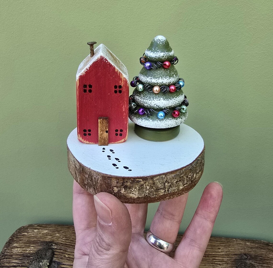 Christmas Cottage With Wooden Tree on a Log Slice. Recycled Wood House ...