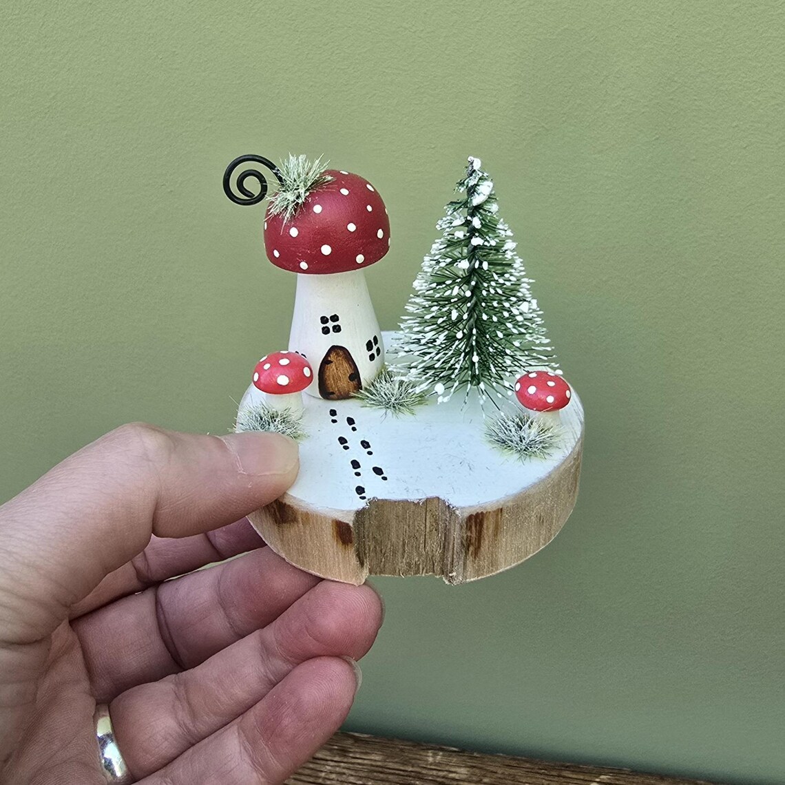 Whimsical Handmade Wooden Toadstool House on Log Slice - Unique ...