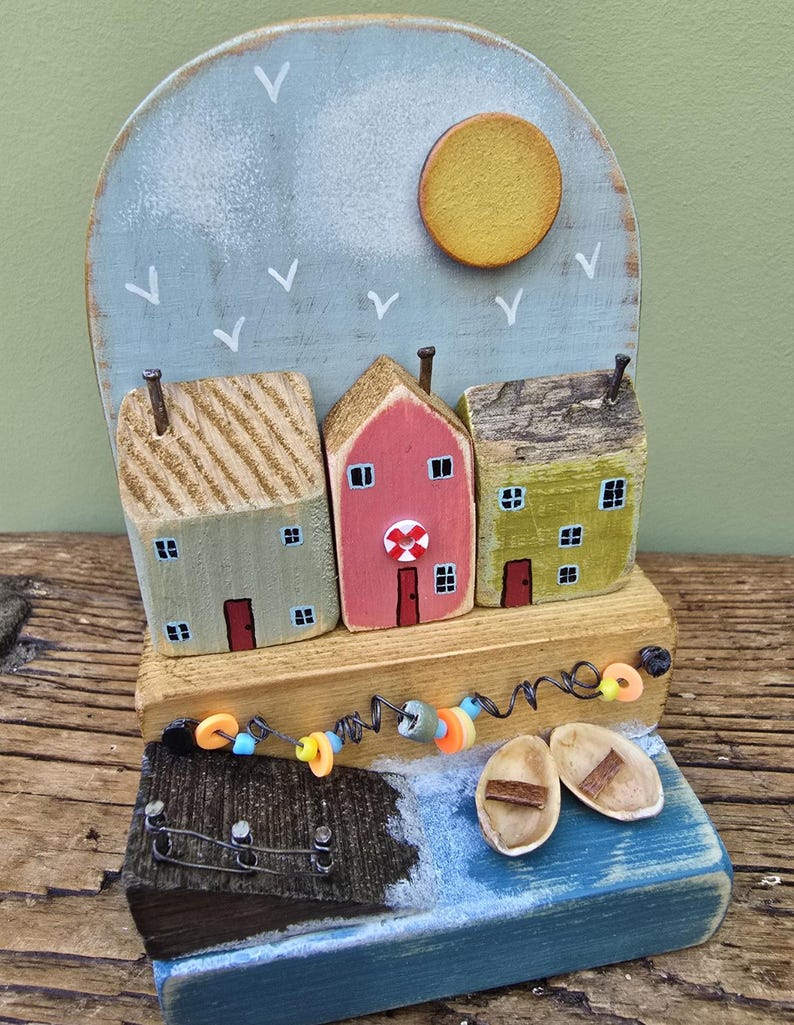 Miniature Harbour Scene With Seaside Houses and Boats. Handmade Wooden ...