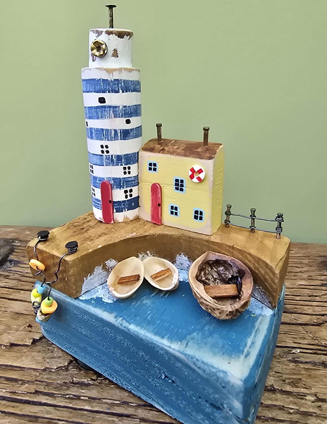 Wooden Harbour Model With Lighthouse and Boats. Little Wooden Seaside ...
