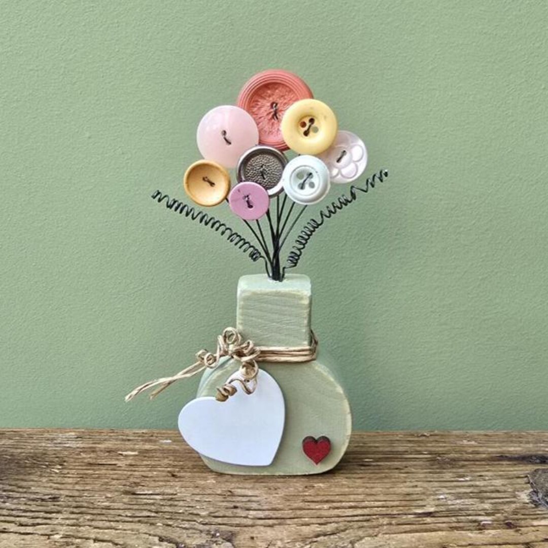Wooden Vase With Vintage Button Flowers. Flower Arrangement With Heart ...