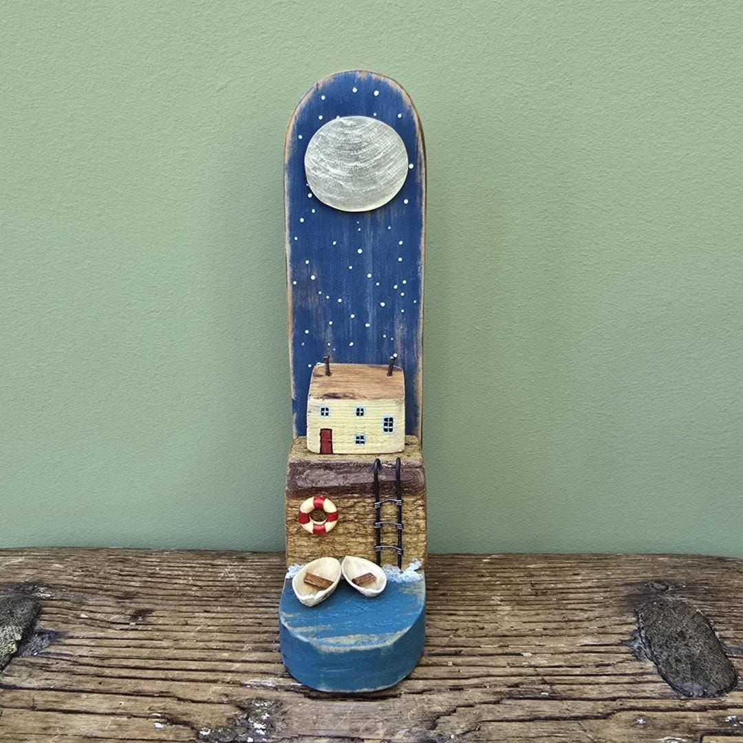 Miniature Night Sky Harbour Scene With House and Boats. Moonlit Seaside ...