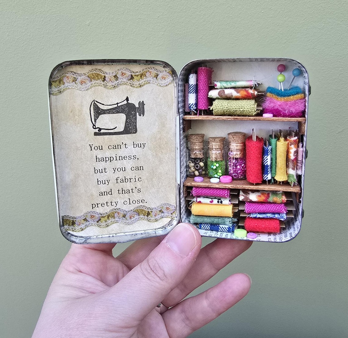 Miniature Sewing Room Scene in a Vintage Tin. Unique Handmade Sewing ...