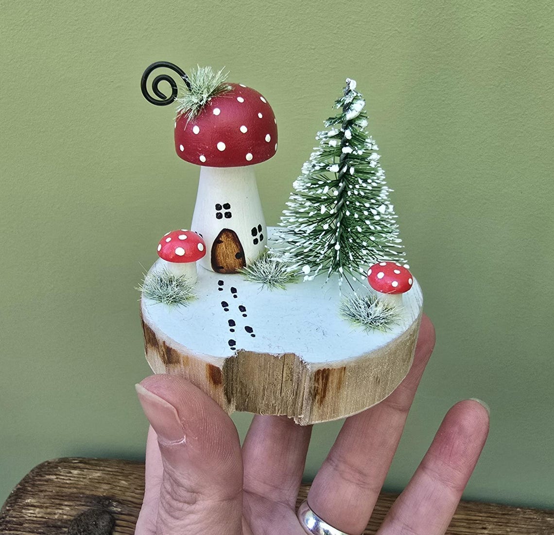 Whimsical Handmade Wooden Toadstool House on Log Slice - Unique ...