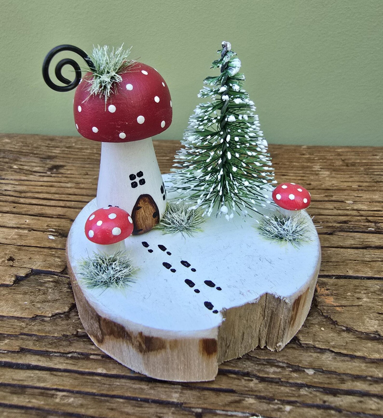 Whimsical Handmade Wooden Toadstool House on Log Slice - Unique ...