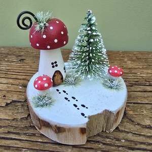 Whimsical Handmade Wooden Toadstool House on Log Slice - Unique ...