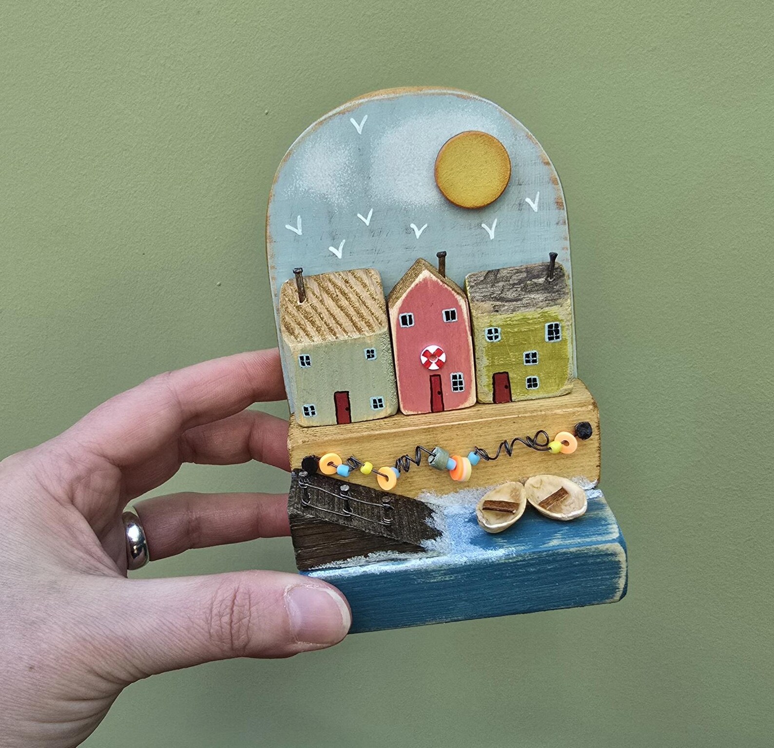 Miniature Harbour Scene With Seaside Houses and Boats. Handmade Wooden ...