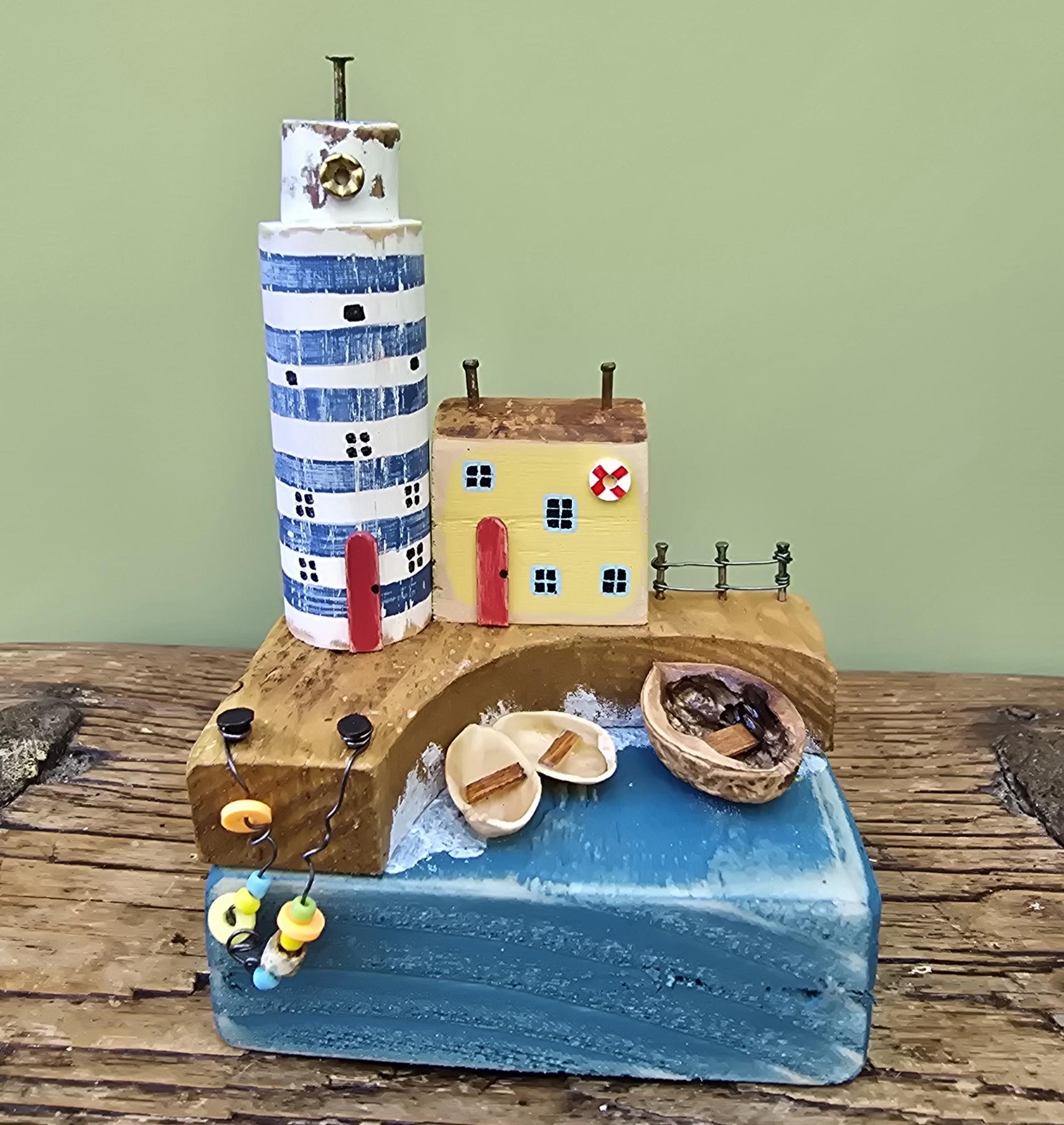 Wooden Harbour Model With Lighthouse and Boats. Little Wooden Seaside ...