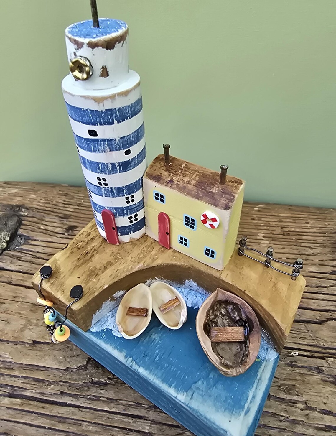 Wooden Harbour Model With Lighthouse and Boats. Little Wooden Seaside ...