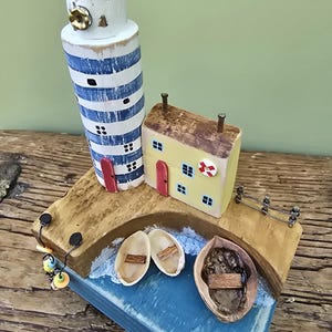 Wooden Harbour Model With Lighthouse and Boats. Little Wooden Seaside ...