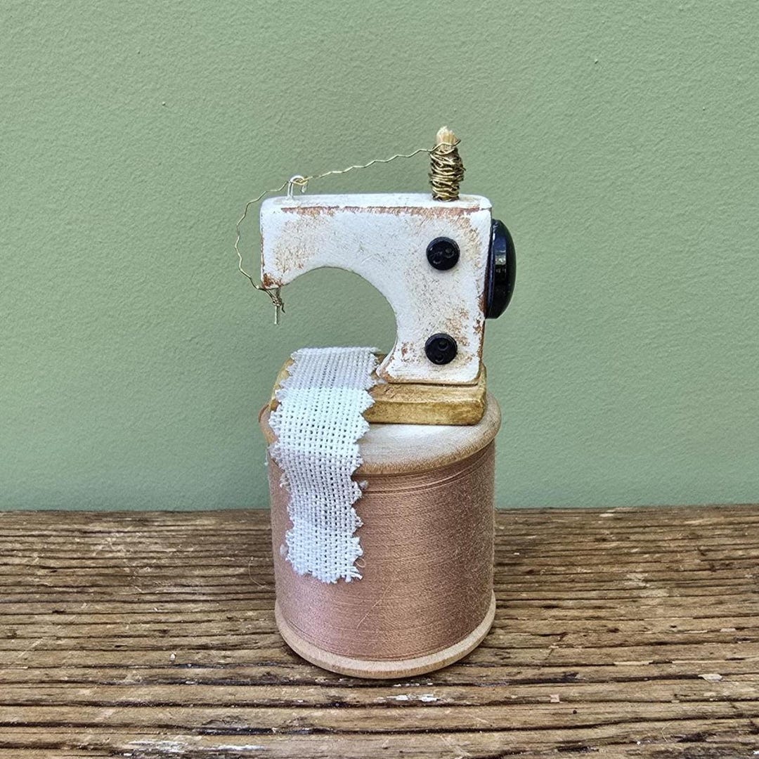 Miniature Sewing Machine on a Vintage Wooden Cotton Reel - Handmade ...
