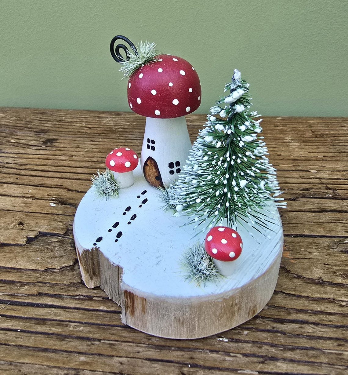 Whimsical Handmade Wooden Toadstool House on Log Slice - Unique ...