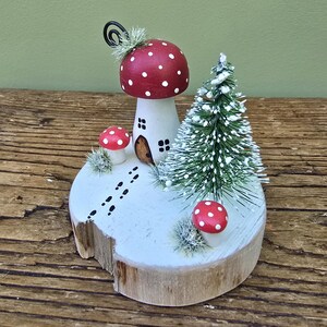 Whimsical Handmade Wooden Toadstool House on Log Slice - Unique ...