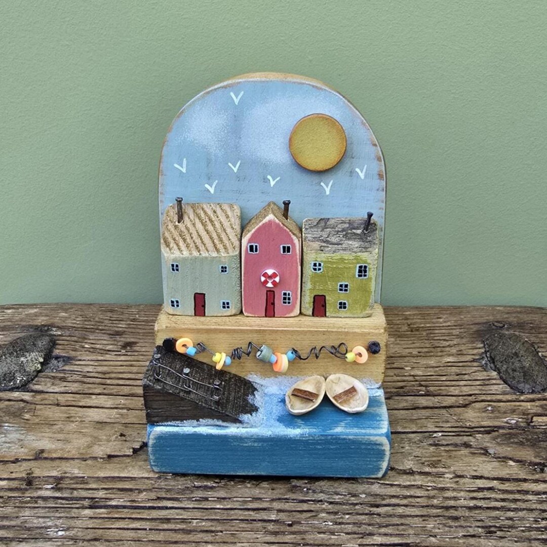 Miniature Harbour Scene With Seaside Houses and Boats. Handmade Wooden ...