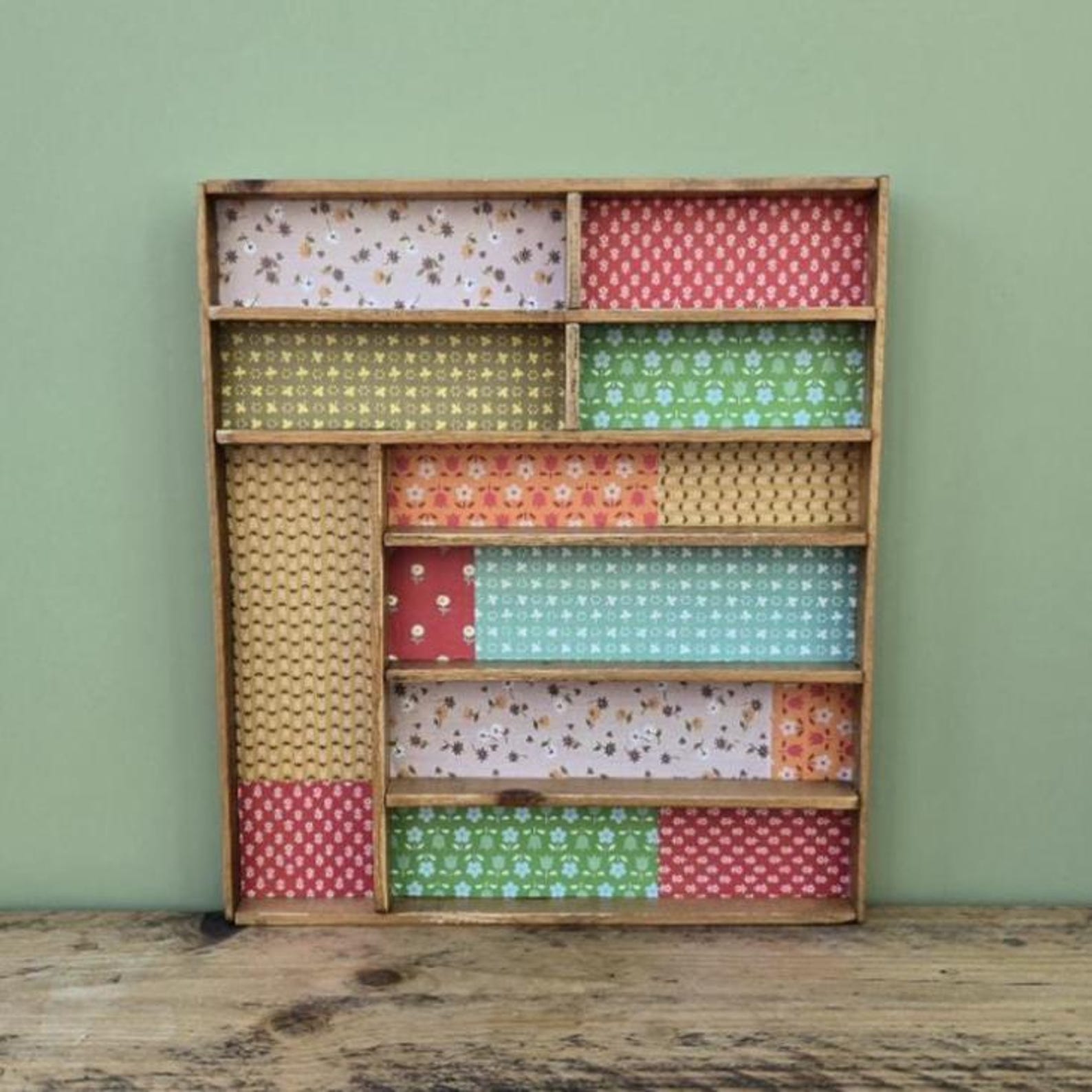 Upcycled Shelf. Vintage Wall Mounted Shelves With Patterned Backing ...
