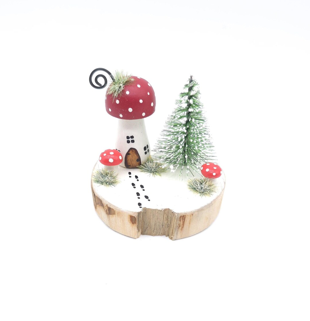 Whimsical Handmade Wooden Toadstool House on Log Slice Unique Christmas Decoration, Snowy Winter ...