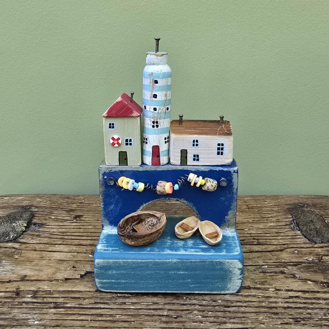 Wooden Harbour Model With Lighthouse and Boats. Little Wooden Seaside ...