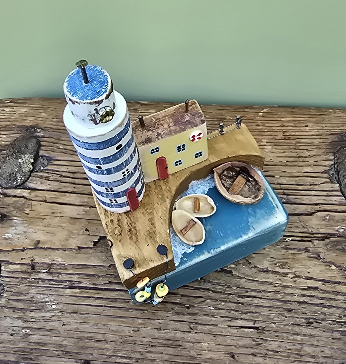 Wooden Harbour Model With Lighthouse and Boats. Little Wooden Seaside ...