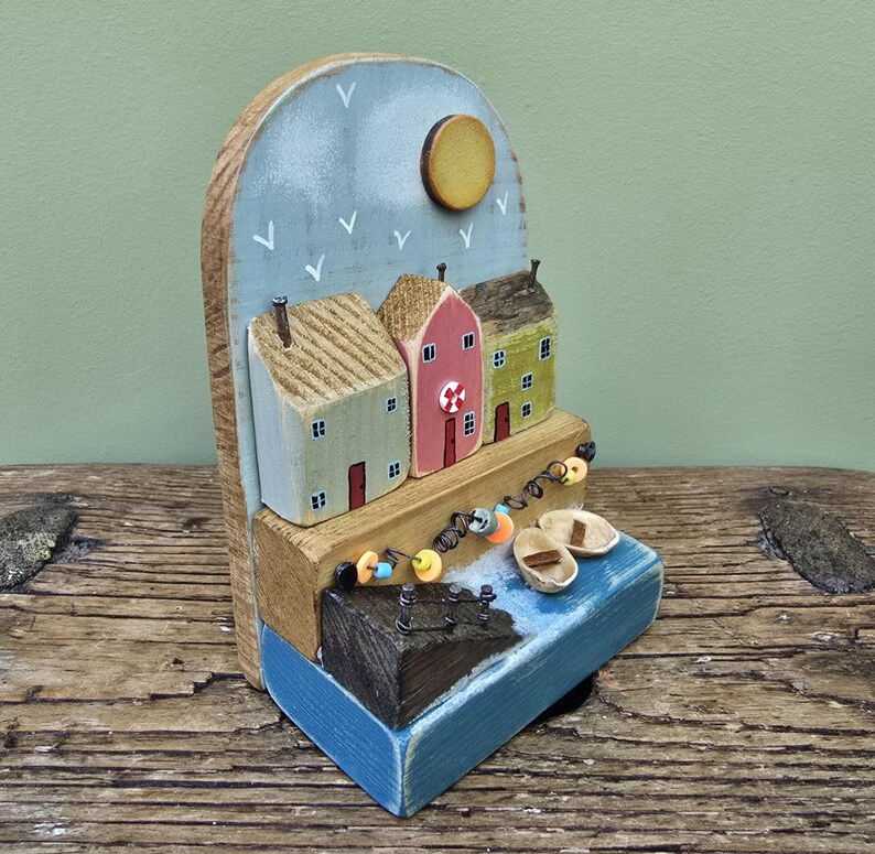 Miniature Harbour Scene With Seaside Houses and Boats. Handmade Wooden ...