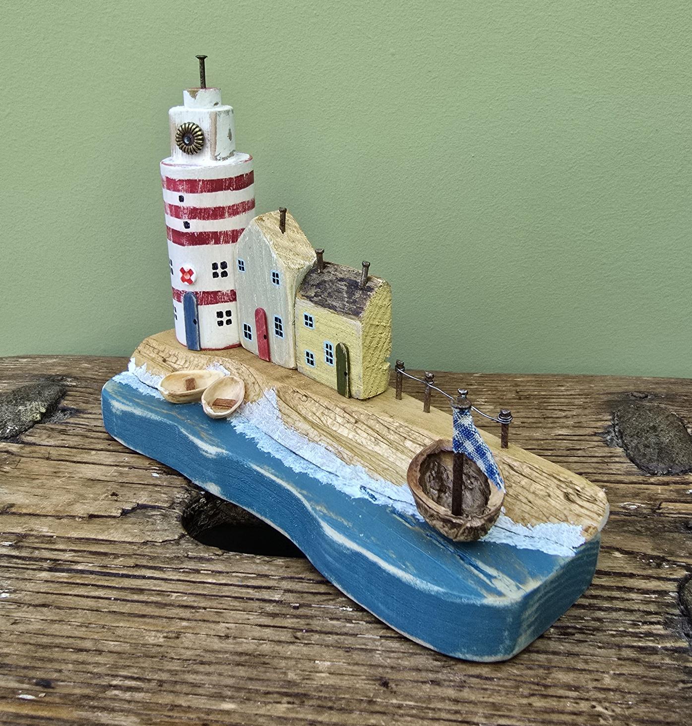 Wooden Harbour Model With Lighthouse and Boats. Little Wooden Seaside ...