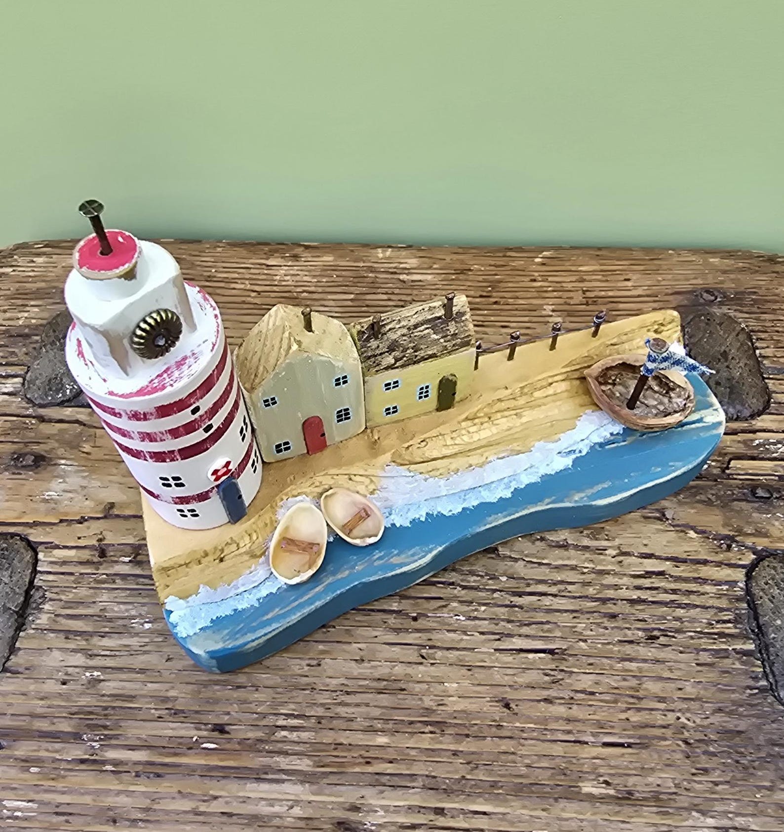 Wooden Harbour Model With Lighthouse and Boats. Little Wooden Seaside ...