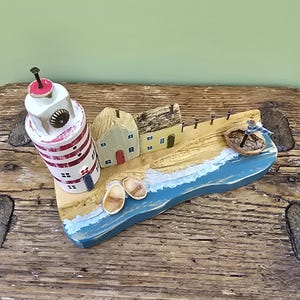 Wooden Harbour Model With Lighthouse and Boats. Little Wooden Seaside ...