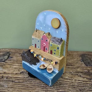 Miniature Harbour Scene With Seaside Houses and Boats. Handmade Wooden ...