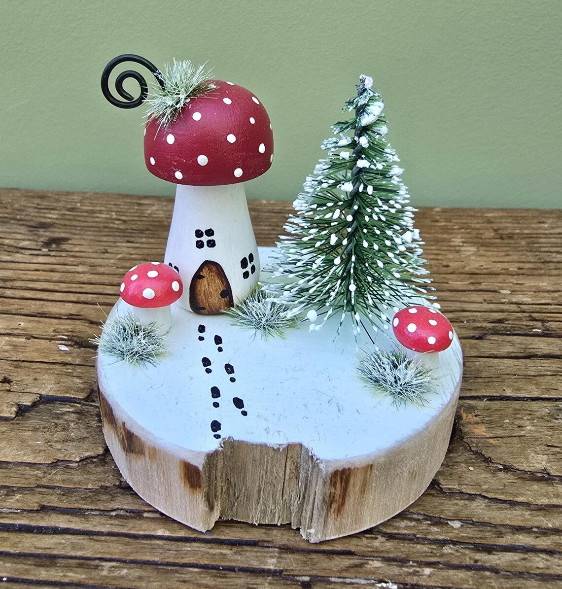 Whimsical Handmade Wooden Toadstool House on Log Slice - Unique ...