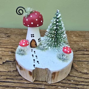 Whimsical Handmade Wooden Toadstool House on Log Slice - Unique ...