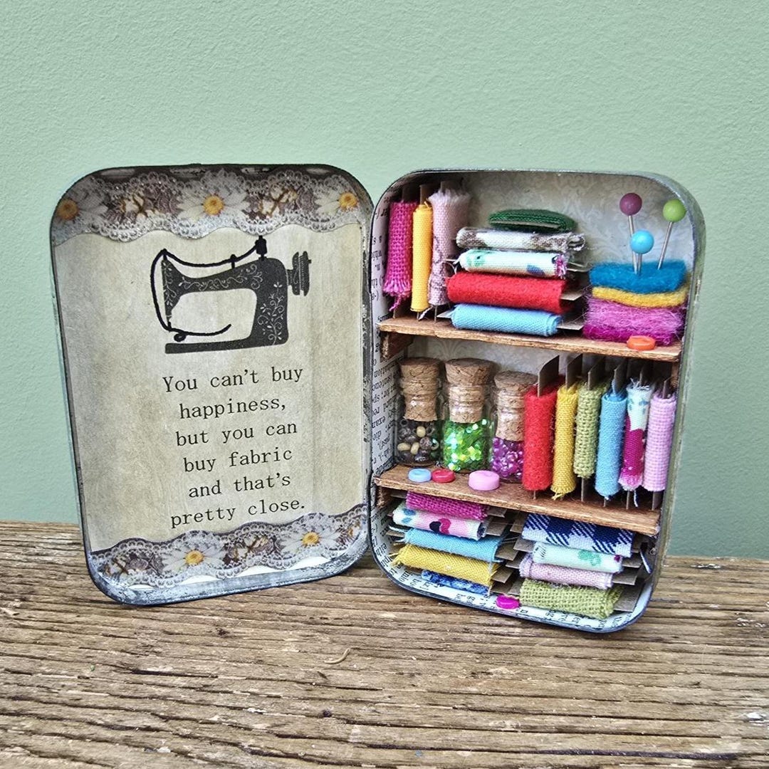 Miniature Sewing Room Scene in a Vintage Tin. Unique Handmade Sewing ...