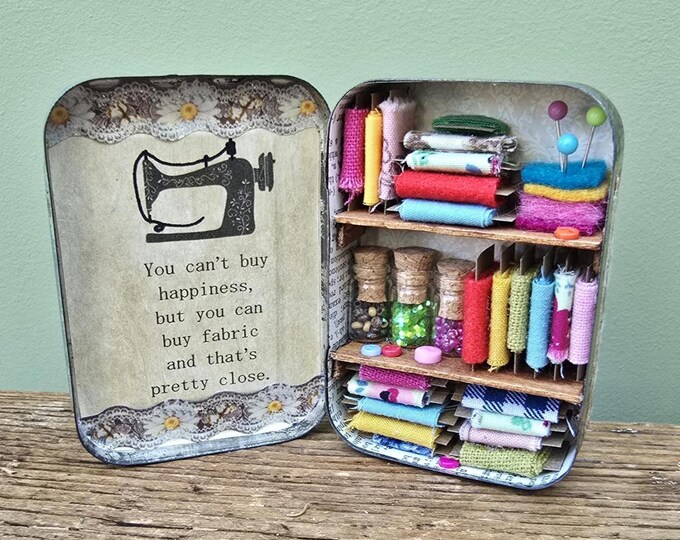 Miniature Sewing Room Scene in a Vintage Tin. Unique Handmade Sewing ...
